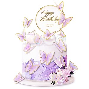 10-Pieces Purple Gold Butterfly Cake Toppers Happy Birthday 1-Metal Gold Birthday Cake Butterfly Party Decorations