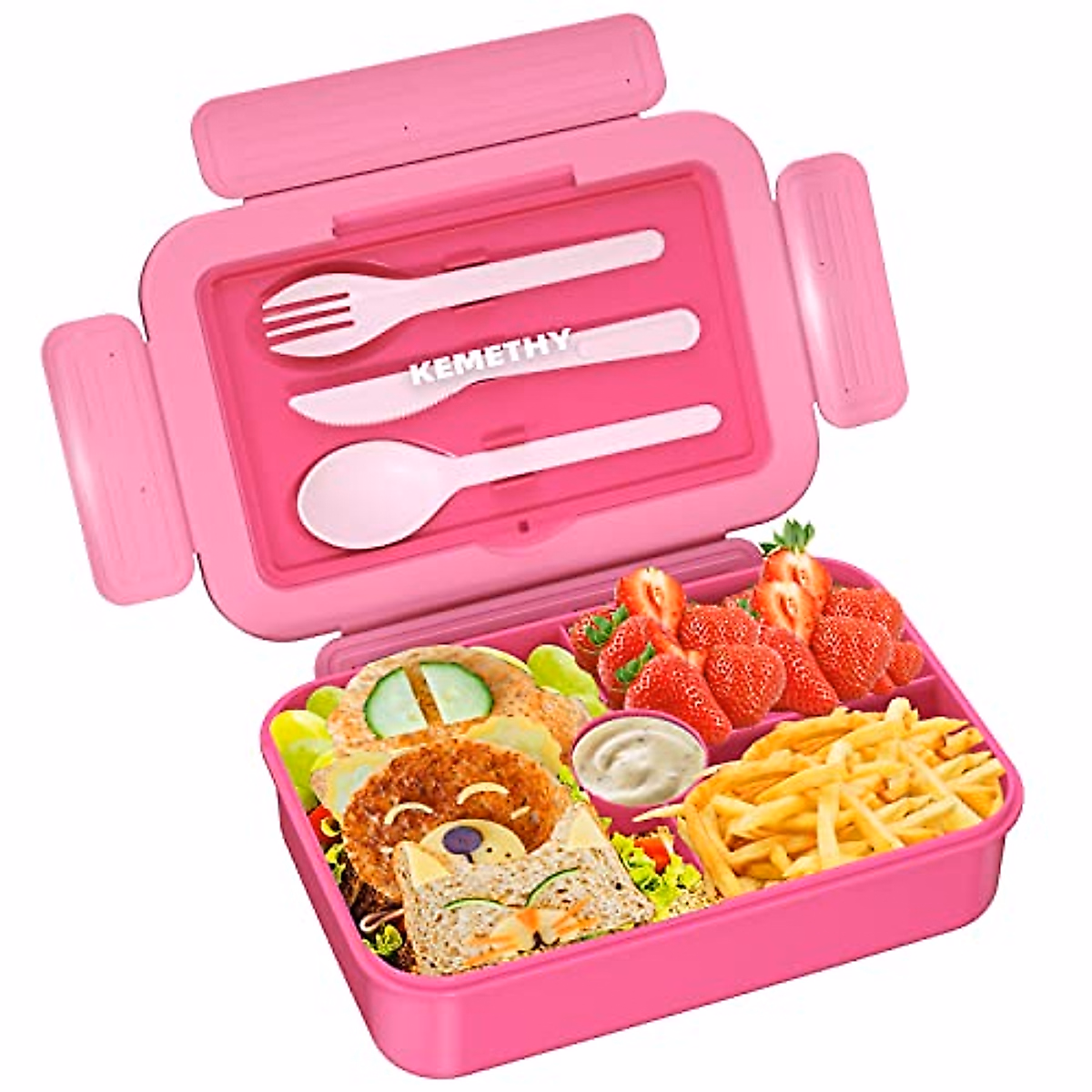 Bento Lunch Box for Kids, 4 Compartment Lunch Boxes Kids, Cutlery Storage Built-in Utensil Set, Leak-proof, Thicken, Microwave/Dishwasher/Freezer Safe, BPA-Free, Pink