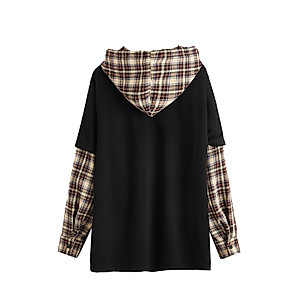 SweatyRocks Women's Casual Plaid Long Sleeve Hooded Sweatshirt Drop Shoulder Drawstring Hoodie with Pocket Stripe Black Medium