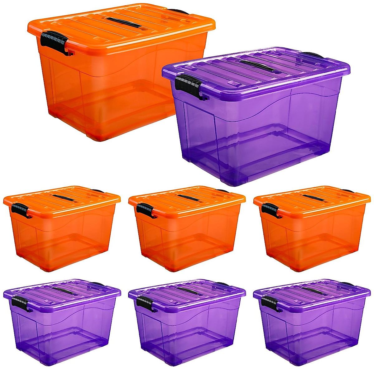 Sweetude 8 Pcs Halloween Plastic Storage Bin with Lids Purple Orange Clear Plastic Storage Totes Container 53 Qt Stackable Nestable Holiday Storage Box with Wheels and Latching Handles