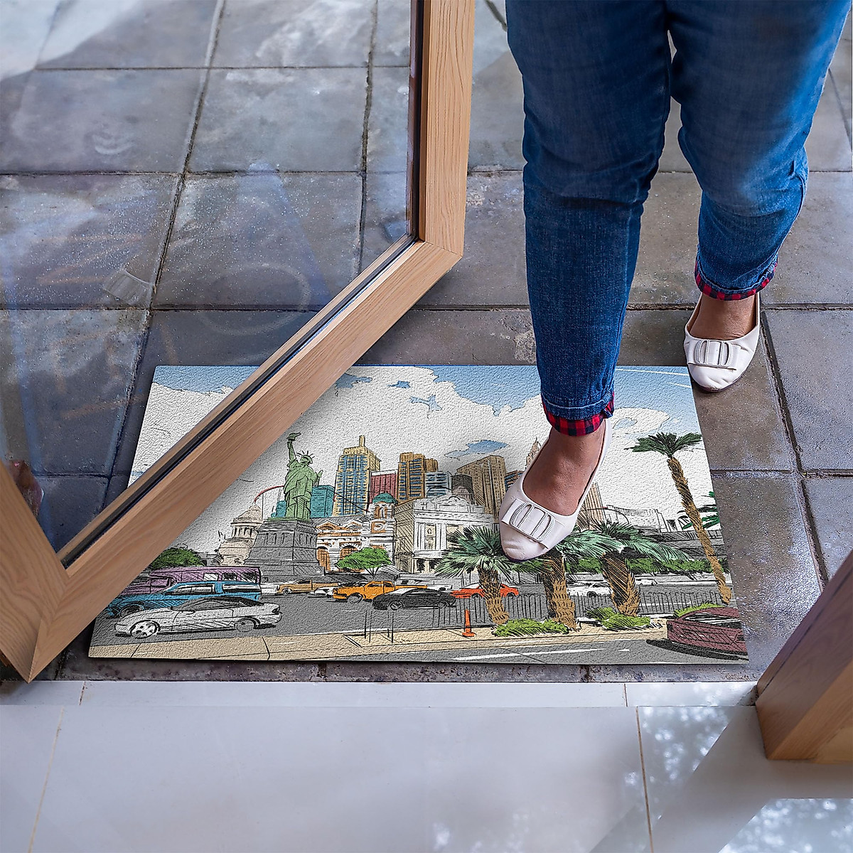 Ambesonne Landscape Doormat, Tropical Island Beach Caribbean Atlantic Ocean Scenery Artwork Print, Decorative Polyester Floor Mat with Non-Skid Backing, 30" X 18", Blue Marigold