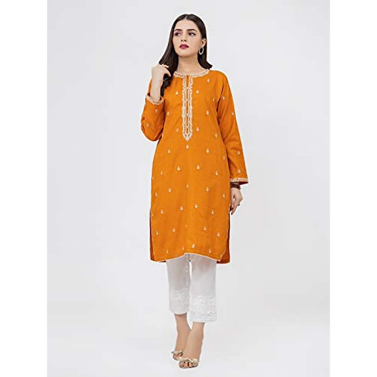edenrobe Women's Pakistani Indian Kurti Pret - Stitched Ladies Kurta/Tunic Top 217351 Dark Mustard