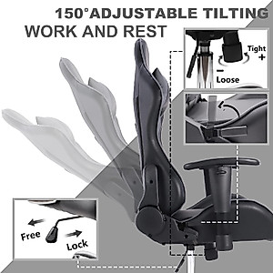 Office Chair, Ergonomic Reclining Computer Gaming Chair PU Leather Comfortable Swivel Task Home Office Desk Chair High Back with Adjustable Armrests, Black/Grey