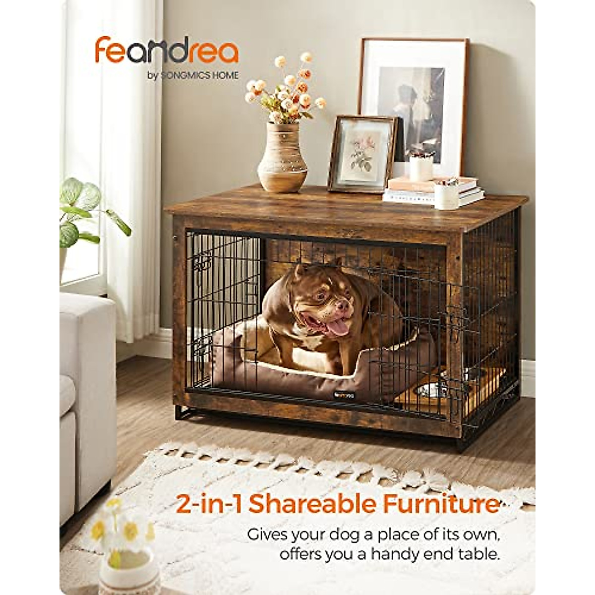FEANDREA Dog Crate Furniture, Side End Table, Modern Kennel for Dogs Indoor up to 70 lb, Heavy-Duty Dog Cage with Multi-Purpose Removable Tray, Double-Door Dog House, Rustic Brown UPFC003X01