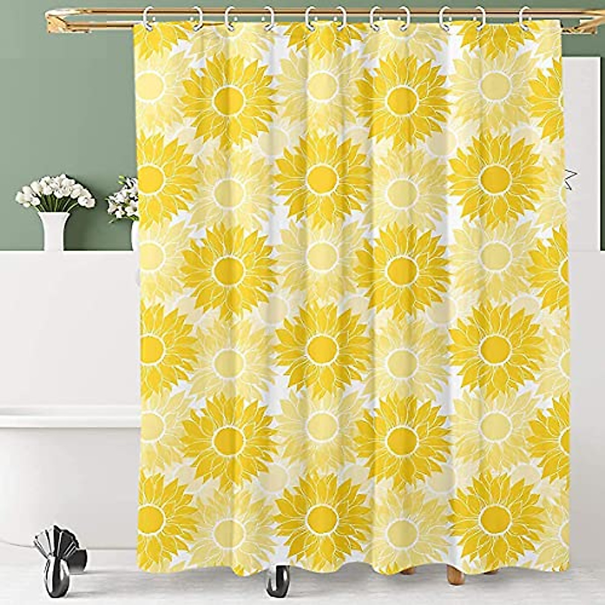 VEGA U Sunflower Fabric Shower Curtain for Bathroom, Botanical Floral Bath Decor with Hooks, Hotel Quality, 72x72 Inch