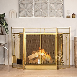 Barton 48" Fireplace Screen 3-Panel Folding Magnetic Doors with 4-Pieces Fire Place Tools Set Steel Fire Spark Guard, Gold