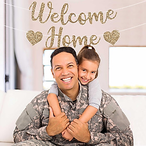Pre-strung Welcome Home Banner - No DIY - Gold Glitter Script Welcome Home Banner - Pre-strung on 6 ft Strand - Housewarming, Homecoming, & Military Return Party Decorations. Did We Mention No DIY