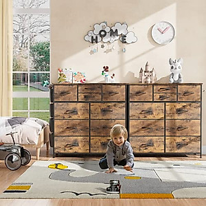 YaFiti 10 Drawer Dresser, Chest of Drawers for Bedroom, Fabric Dresser Drawers with Side Pockets, Hooks, Wooden Top and Sturdy Metal Frame for Living Room, Closet, Hallway, Nursery (Rustic Brown)