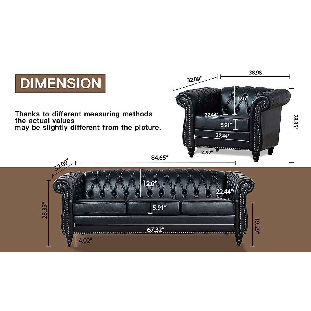 Chesterfield Sofa 2 Piece Set, Modern Black Faux Leather 3 Seater Couches and Sofa Chairs, Upholstered Tufted Button,Scroll Arms and Nailhead Trim, Sectional Sofa Set for Living Room Office Bedroom