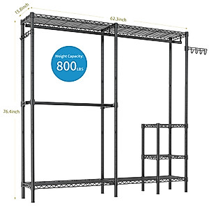 Heavy Duty Clothes Rack Clothing Rack for Hanging Clothes,Large Metal Garment Rack with 4 Tiers Adjustable Wire Shelves&3 Hanger Rods&2 Hooks,Freestanding Closet Wardrobe System,MaxLoad 800lbs