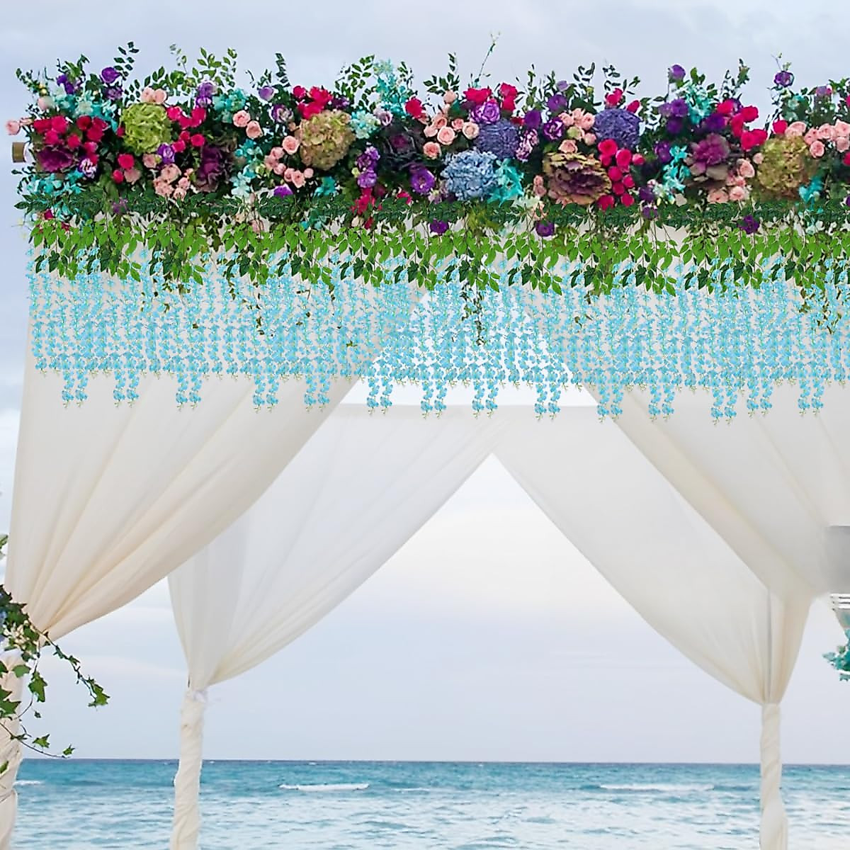 WONICE Artificial Flowers Hanging Flowers, Fake Wisteria Flower Garland Silk Vines Rattan String Decor for Home Wedding Arch Wall Garden Greenery Bedroom Outdoor Office Party Decoration (48 Pack)