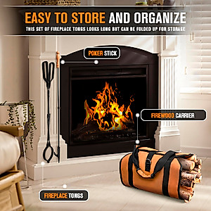 Firewood Carrier + Fire Poker + Fireplace Tongs - Fire Pit Tools for Indoor and Outdoor Use, Log Carrier for Firewood, 32 Inch Fire Poker, 26 Inch Fire Tongs, Fireplace Tools