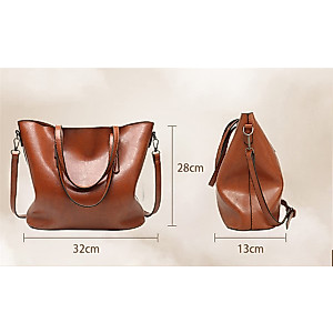 Women's oily leather totebag,Vertical zipper open shoulder bag,Women's cross body bag (Khaki)