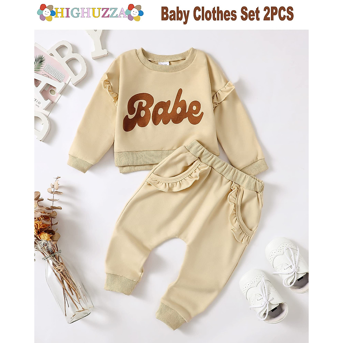 HIGHUZZA 12-18 month girl clothes baby girl clothes toddler girl clothes newborn infant babies fall outfits winter girls sweatshirt baby girls' clothing baby pant set 2 pcs Khaki
