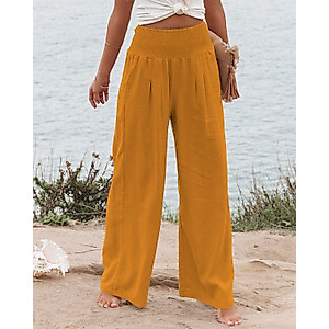 GLIENST Womens Cotton Linen Pants Elastic High Waist Wide Leg Pants Palazzo Lounge Smocked Casual Trousers with for Ladies Pockets One Piece Athletic Pants Deep Yellow XL