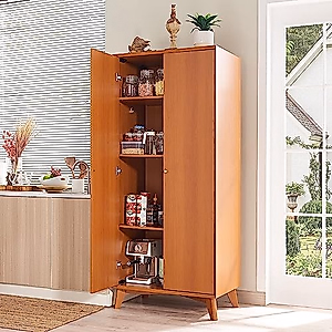 OKD Storage Cabinet w/Adjustable Shelves, 72" Tall Mid Century Modern Kitchen Pantry with Door, 20" Deep Armoire Closet w/Hanging Rod Versatile Storage for Bathroom, Laundry, or Living Room, Cherry
