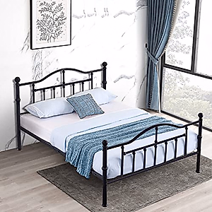VECELO Queen Size Bed Frame Metal Platform Mattress Foundation/Box Spring Replacement，with Headboard & Footboard/Easy Assemble,Black