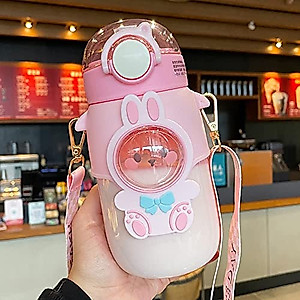 Kawaii Water Bottle with Straw and Strap Portable Water Jug Cute Aesthetic Drinking Cup for Outdoor Back to School, 24oz (Pink Bunny)