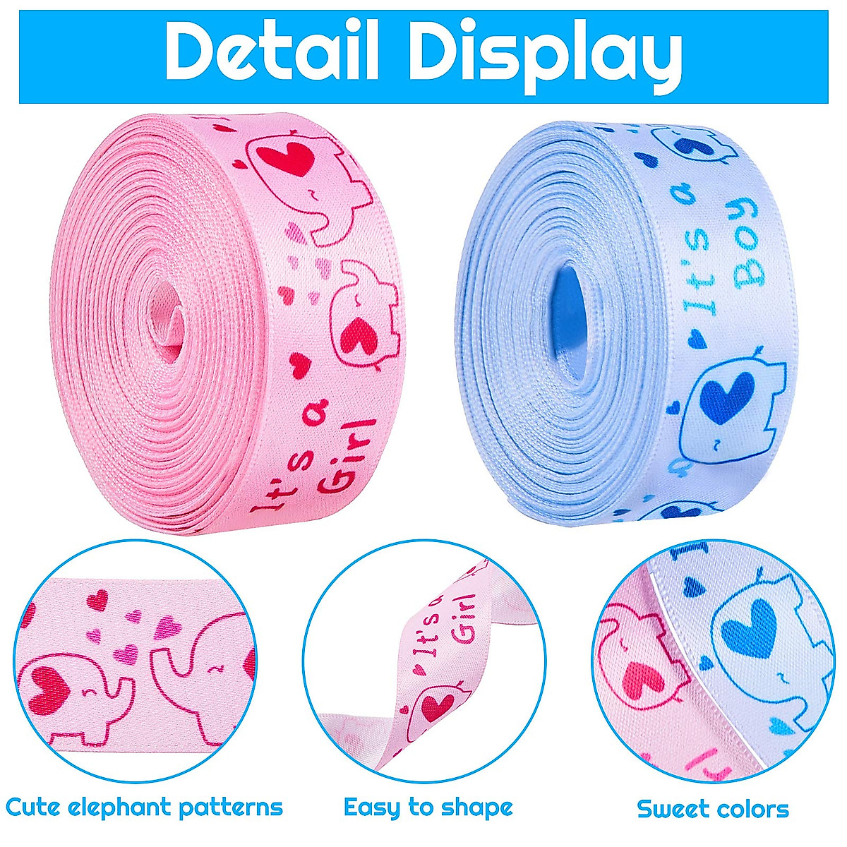 2 Rolls/ 20 Yards Elephant Satin Ribbon Baby Shower Theme Satin Ribbon Birthday Theme Gender Reveal Wrapping Ribbons for DIY Hair Bows Wreath Baby Shower Decoration Diaper Cake Wrapping, 2 Styles