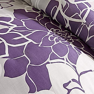 Madison Park Lola 100% Cotton Duvet Set Beautiful Floral Pattern, Ruffle Border Design All Season, Breathable Comforter Cover Bedding, Matching Shams, Full/Queen(90"x90"), Purple/Grey 6 Piece