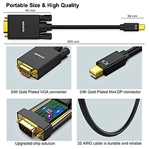 BENFEI Mini DisplayPort to VGA 3 Feet Cable, Benfei Mini DisplayPort to VGA Cable (Thunderbolt 2 Compatible) with MacBook Air/Pro, Surface Pro/Dock, Monitor, Projector