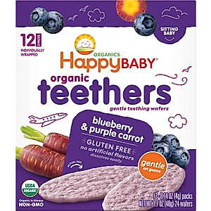 Happy Baby Gentle Teethers Organic Teething Wafers Blueberry Purple Carrot, 0.14 Ounce Packets (Box of 12) Soothing Rice Cookies for Teething Babies Dissolves Easily, Gluten Free No Artificial Flavor