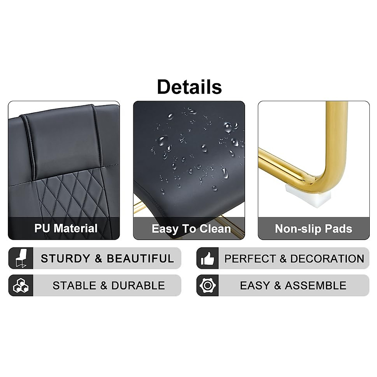 Modern Dining Chairs Set of 4, PU Leather Dining Chairs High Back Upholstered Chairs Ergonomics Dining Chairs with Gold Metal Leg for Kitchens,Living Rooms,Bedrooms,Offices (Black)