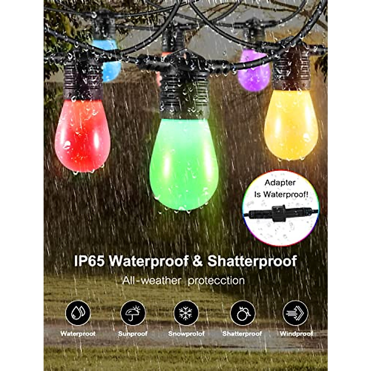 Jevindo Solar Outdoor String Lights, Portable 48ft IP65 Waterproof Patio RGB LED String Lights with 15 LED Bulbs Dimmable Multi-Color, Smart Bluetooth App Control, Balcony, Backyard, Camping, Travel