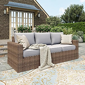 HERA'S HOUSE Wicker Patio Sofa, 3-Seat Heavy Duty Outdoor Couch, Deep Seat High Back with Thick Cushions, All Weather Furniture for Lawn Garden Backyard