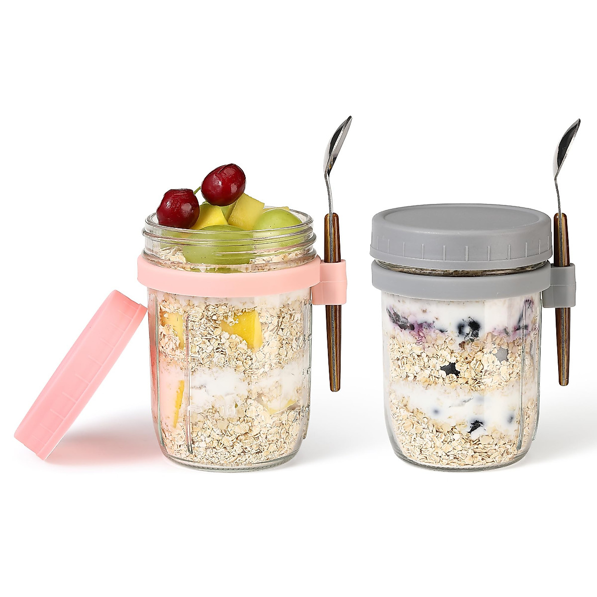 KAIZHOUZHOU 16oz Glass Mason Overnight Oats Jars, Cereal, Yogurt, Salad Lunch,Glass Overnight Oats Containers with Lids and Spoon, Container with Measurement Marks -(Grey&Pink-2Pcs)