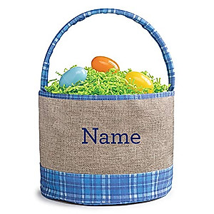 Personalized Easter Bucket Bag with Custom Name | Blue Plaid Burlap Easter Bag with Handle | Egg Basket for Kids | Customized Easter Basket | Great for Book and Toy Storage