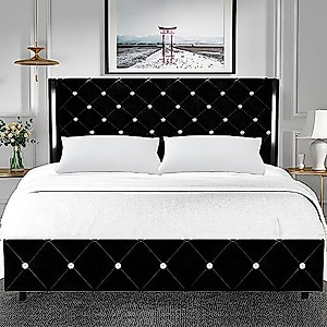 4 EVER WINNER Full Size Bed Frame with Headboard, Black Velvet Bed Frame with Diamond Headboard and Wingback, Tufted Mattress Foundation with Solid Wood Slats Support/No Box Spring Needed