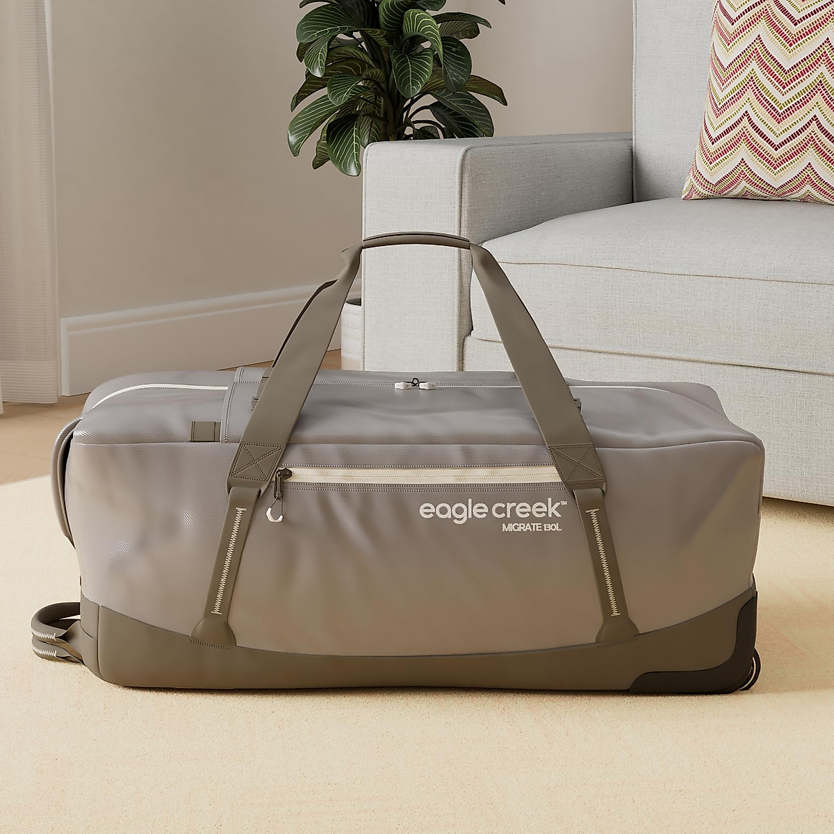 Eagle Creek Migrate 130L Rolling Duffle Bag with Wheels, Tuck-Away Backpack Straps, Wide-Mouth Main Compartment, Quick-Access Front Pocket & Bathtub Bottom, River Rock