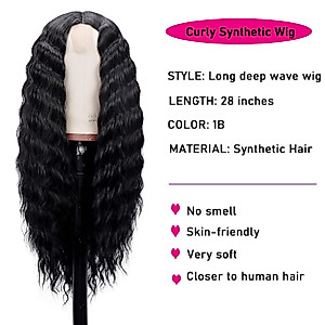 Mairead 28 Inch Long Curly Synthetic Wigs for Black Women Skunk Stripe Wig Side Part Loose Deep Wave Wig Small Lace Front Wigs Natural Looking Crimps Curls Wig