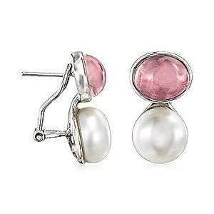 Ross-Simons 14.00 ct. t.w. Rose Quartz and 14-14.5mm Cultured Pearl Earrings in Sterling Silver