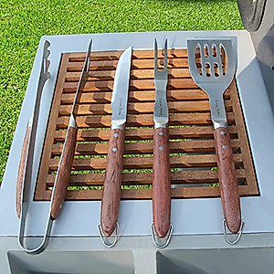 Deluxe BBQ Grill Tool Set with Rosewood Handles - Best Grilling Gift- Heavy Duty Grill Accessories Grilling Tools Set Grill Utensils- Extra Thick Stainless Steel Grill Spatula, Tongs, Fork& Meat Knife