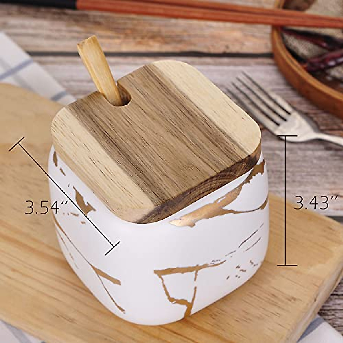 VanEnjoy Decorative Marble Inlay Glaze Ceramic Sugar Spice Containers Porcelain Jar with Bamboo Lid and Spoon Condiment Jar for Home