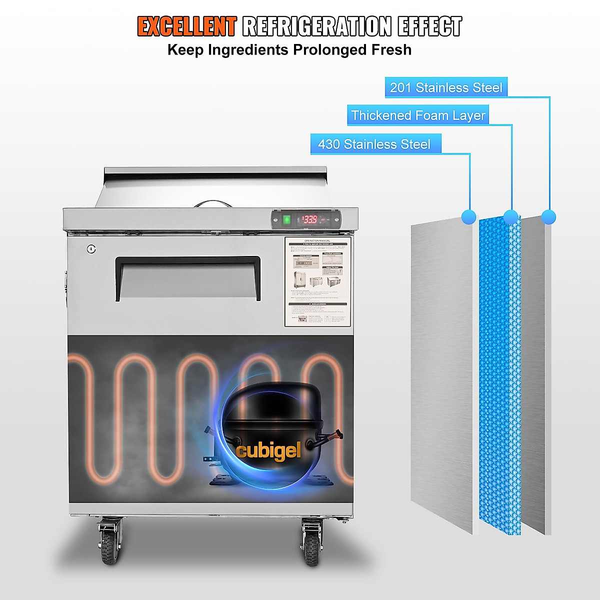 VEVOR Commercial 7.42 Cu. Ft Sandwich/Salad Table Stainless Steel Food Prep Station Fridge with 8 Pan, for Restaurant, Bar, Shop, 28" W Refrigerator Single Door, Silver