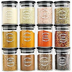 Urban Green Glass Jars with Black Lids, Glass Food Storage Canisters with airtight lids, Glass Spice Containers with Bamboo Lids, Glass Spice Jars, Glass Herb Jars, Spice Jars (12 Sets of 6oz)