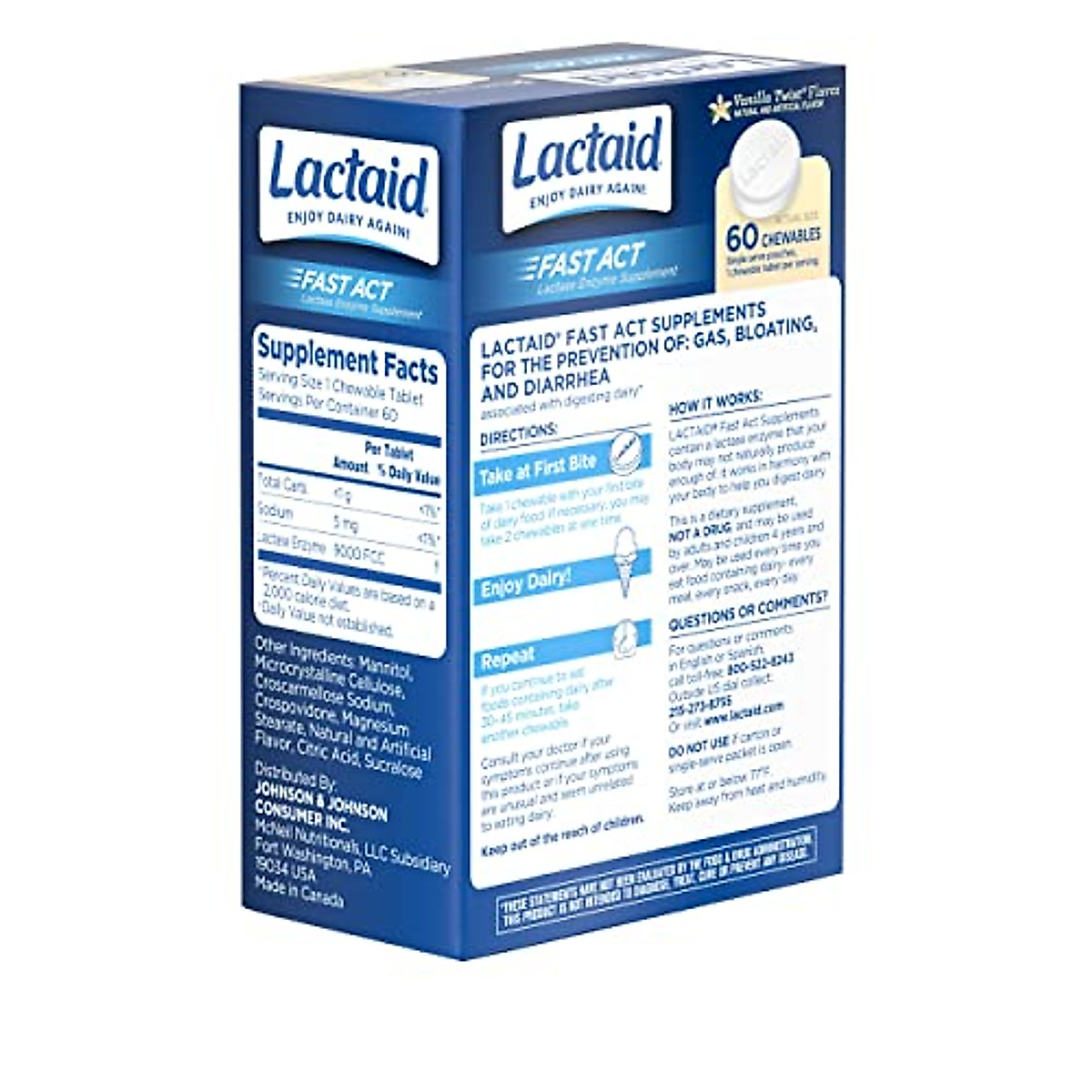 Lactaid Fast Act Lactose Intolerance Chewables with Lactase Enzymes, Vanilla, 60 Count (Pack of 1)