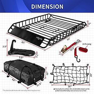 PINGDIR Roof Rack Basket 51" X 36" X 5" Rooftop Rack Cargo Carrier Universal, Waterproof Cargo Bag 44 * 35 * 16", Cargo Net with Attachment Hooks, 2 pcs Ratchet Strap,Roof Pedal