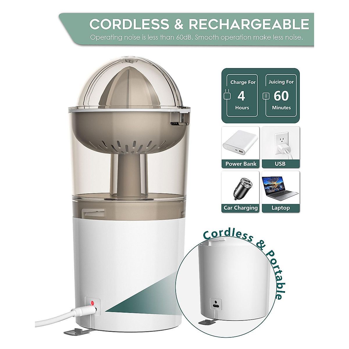 Cordless Electric Lemon Juicer Squeezer, AYOTEE Portable Electric Citrus Juicer with USB Cable and Spoon, Lemon and Lime Squeezer, Electric Orange Juicer Squeezer, Rechargeable Lime Juicer (White)