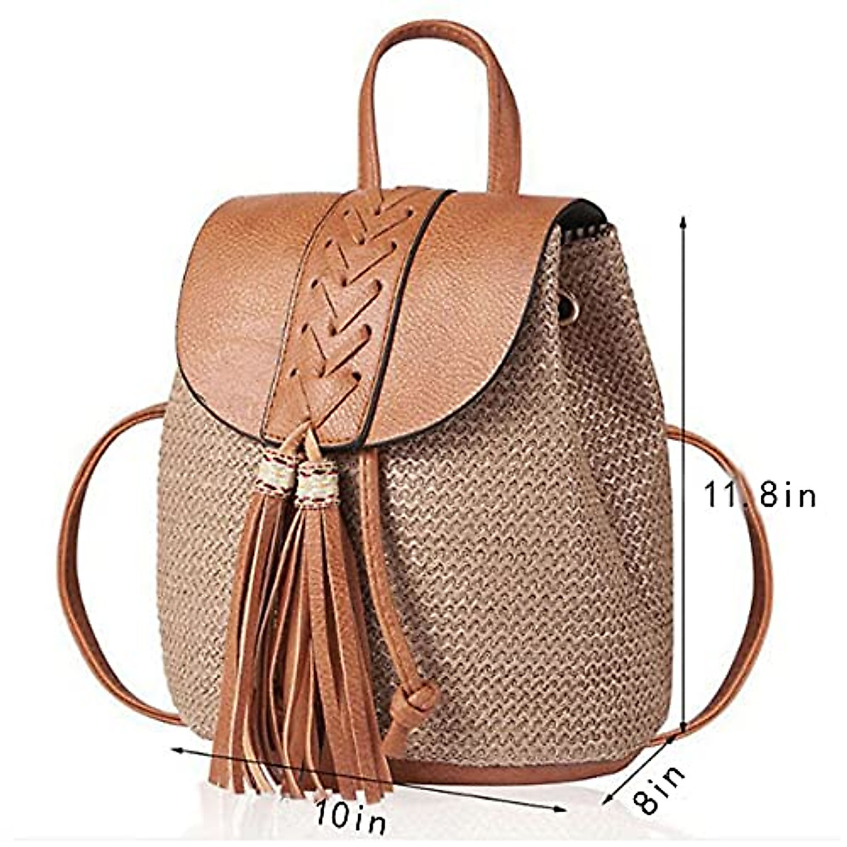 Meyaus Women Small Braid Tassels Straw Woven Backpack PU Leather Flap Drawstring Daypack Shoulder Bag
