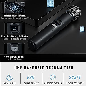 Phenyx Pro Wireless Microphone System, Dual Mic Set with Handheld/Bodypack/Lapel Mics,Auto Scan, 2x100 UHF Frequencies,328ft Range,Cordless Microphone for Singing, Karaoke, Church(PTU-71-1H1B)