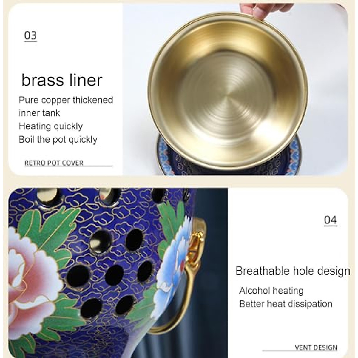 VIDECOR Chafing Dishes Single Person Small Copper Pot Old Beijing Small Fat Cow Hot Pot Chinese Traditional Cloisonne Hot Pot Commercial Alcohol Shares Red Copper Hot Pot,F