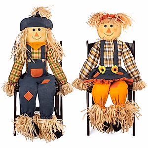 Large Thanksgiving Sitting Scarecrow Decor, Set of 2 50" Boy Girl Sitting Couple Scarecrows Deluxe Holiday Indoor Outdoor Fall Decoration for Autumn Harvest Home Porch Yard Garden Fireplace Mantle