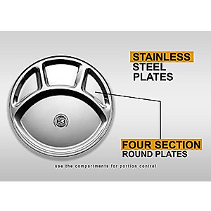 King International Stainless Steel Plates, Divided Indian Dinner Plate,Four Section Round Plates Set Of 4, 12'', Section Control Plate, Kids Plate, Indian Thali Plate