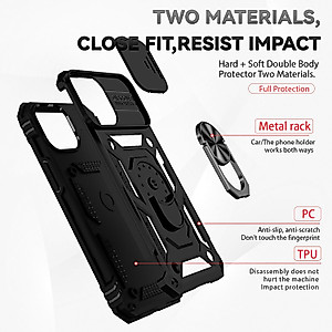 for iPhone 12 Mini Case with Camera Lens Cover HD Screen Protector, Dual Layer Military Grade Drop Protection Magnetic Ring Holder Kickstand Protective Phone Case for iPhone 12 Mini 5.4 inch (Black)