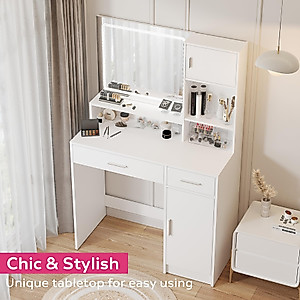 MIRROTOWEL Vanity Desk with Mirror and LED Light Strip,Dressing Table with Large Drawer, 3 Level Storage Dresser & 3 Lighting Modes Adjustable Brightness, Suitable for Bedroom