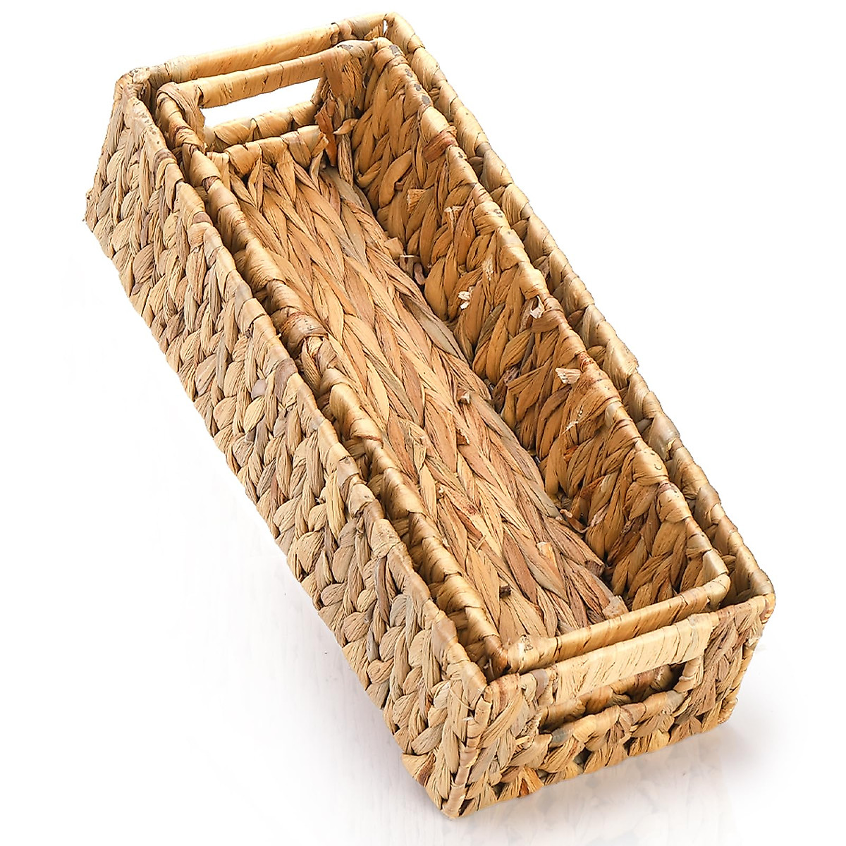 2 Pack Wicker Storage Baskets, Water Hyacinth Holder for Toilet Paper, Rectangular Natural Bins with Built-in Handles, Handwoven Organizer for Bathroom Kitchen Pantry Tank Top, 2 Sizes